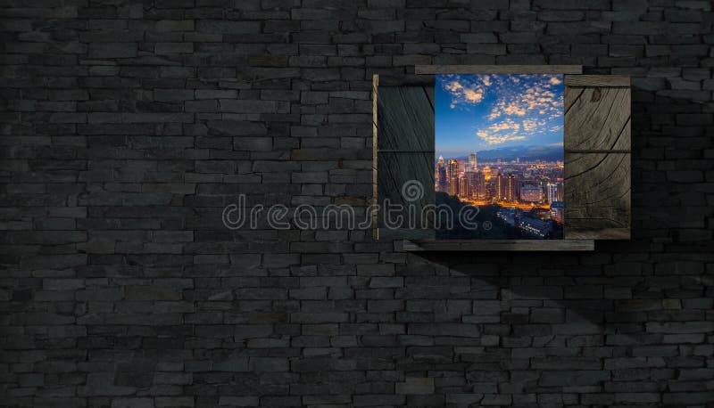 3d Rendering of Window with Nice View in Brick Wall Stock Illustration ...