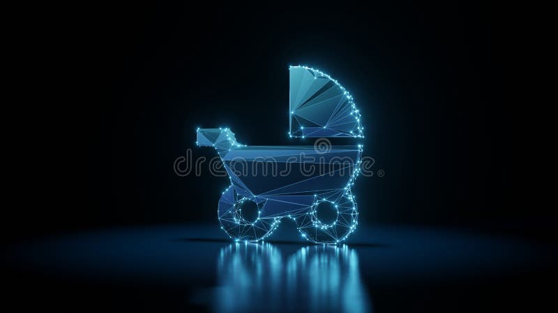 3d Rendering Wireframe Neon Glowing Symbol of Baby Stroller on Black ...