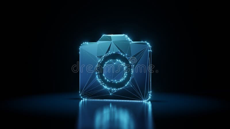 3d Rendering Wireframe Neon Glowing Symbol of Camera on Black ...