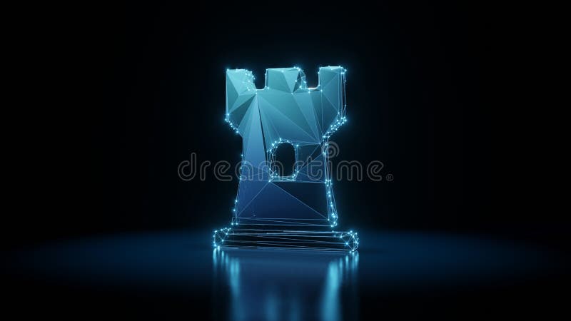 3d Rendering Wireframe Neon Glowing Symbol of Chess Rook on Black ...