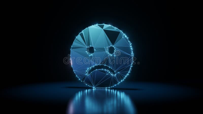 3d Rendering Wireframe Neon Glowing Symbol of Frown on Black Background ...