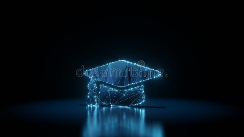 3d Rendering Wireframe Neon Glowing Symbol of Graduation Cap on Black ...