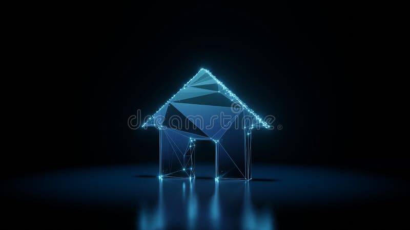 3d Rendering Wireframe Neon Glowing Symbol of Home Button on Black ...