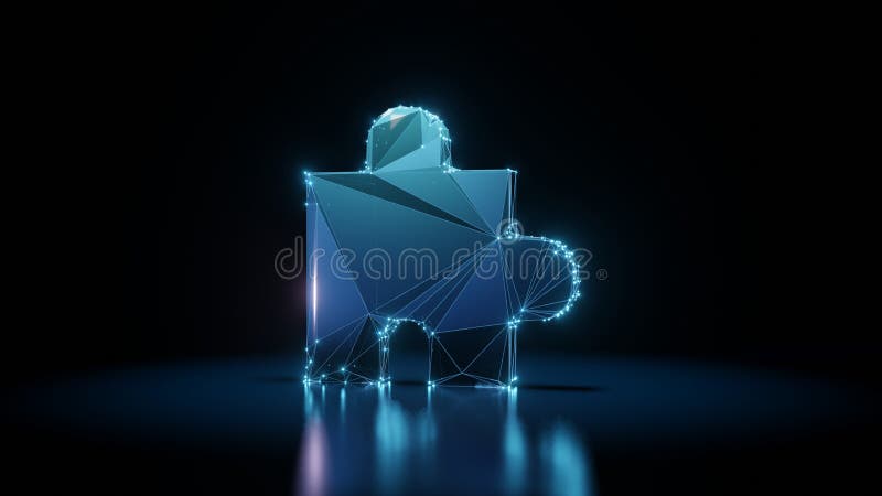 3d Rendering Wireframe Neon Glowing Symbol of Puzzle on Black ...
