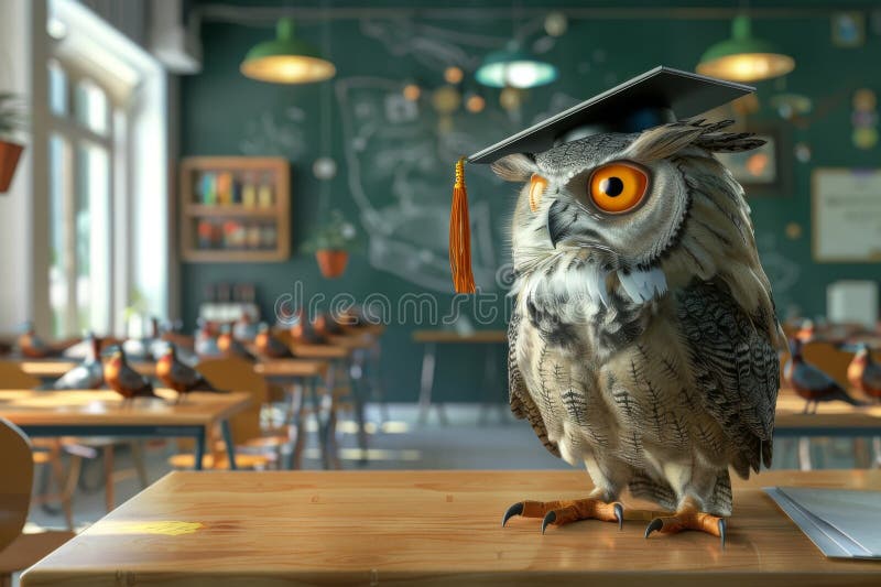 A 3D Rendering of a Witty Owl Wearing a Graduation Cap Teaching a ...