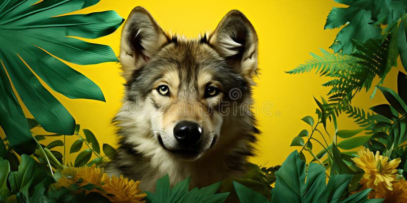 3D Rendering of a Wolf and Tropical Leaves Isolated on Yellow ...
