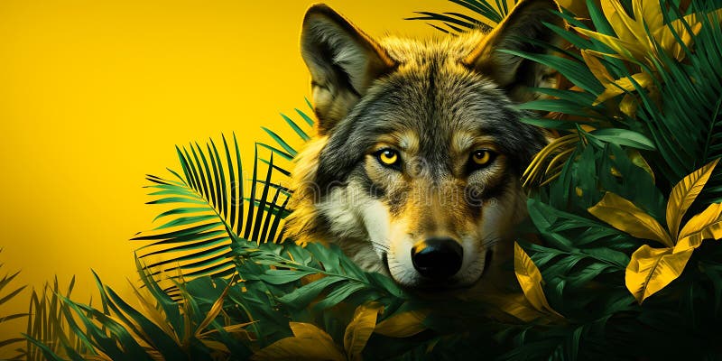 3D Rendering of a Wolf and Tropical Leaves Isolated on Yellow ...