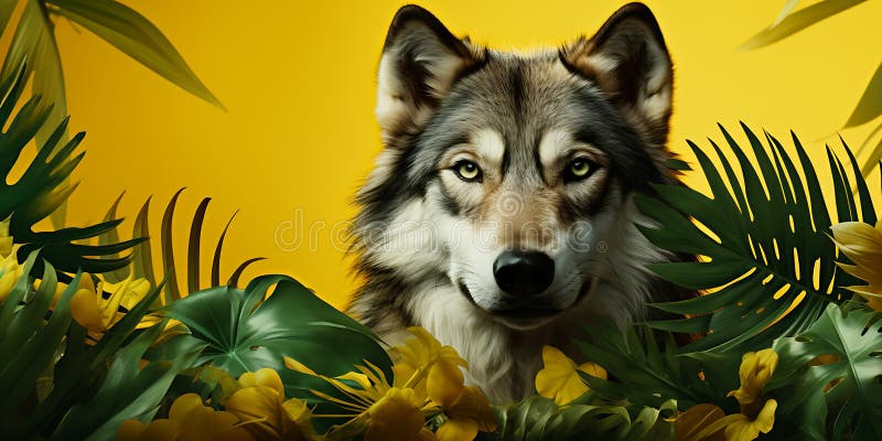 3D Rendering of a Wolf and Tropical Leaves Isolated on Yellow ...