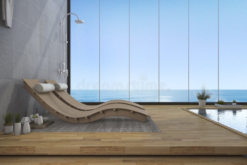 3d Rendering Wood Bed Bench Near Pool and Sea View from Window Stock ...