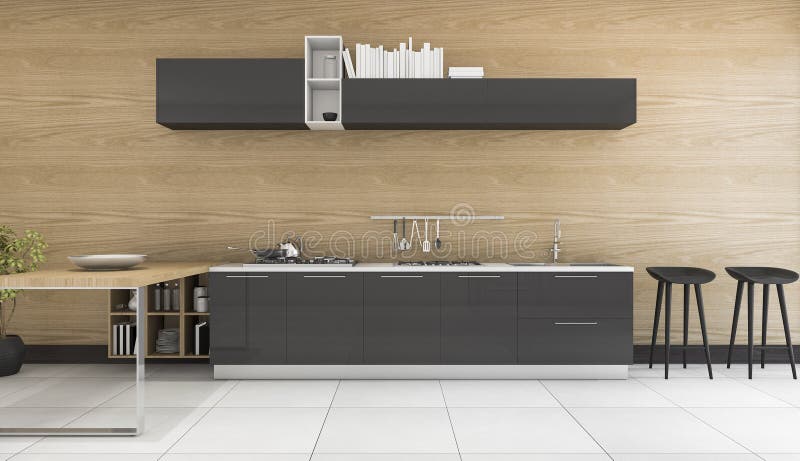 3d Rendering Wood Wall Kitchen with Minimal Black Counter Stock ...