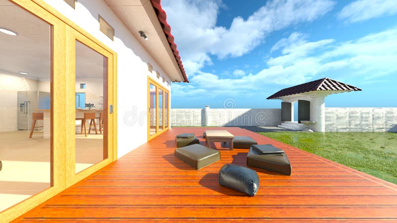 3D Rendering of the Wooden Balcony Stock Illustration - Illustration of ...