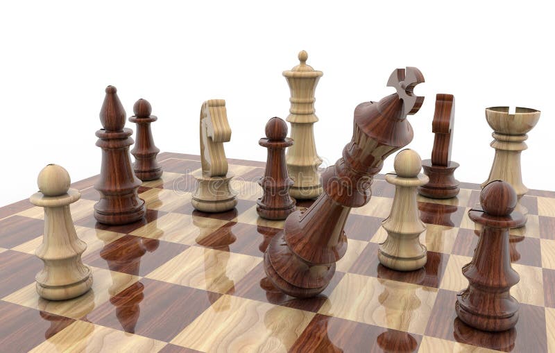 3D Rendering of a Wooden Chessboard with King Falling Over after ...