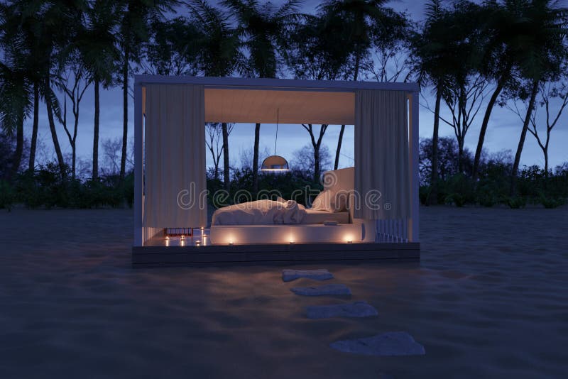 3d Rendering of Wooden Patio with Comfortable Bed at Sand Beach in ...