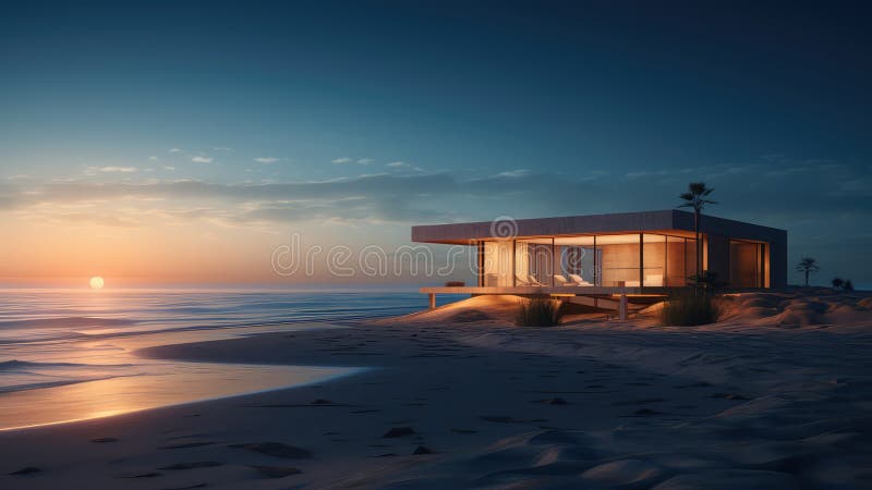 3D Rendering of a Wooden Small House on the Beach at Sunset. Stock ...