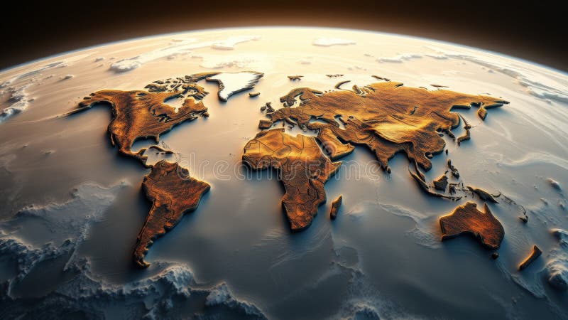 A 3D Rendering of the World Map with a Golden Hue Stock Illustration ...