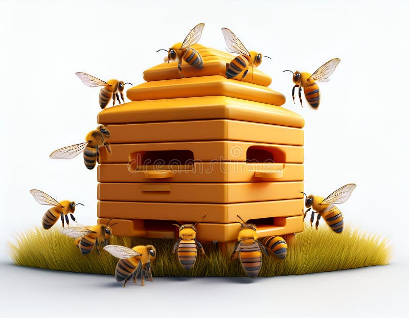 Yellow Beehive with Busy Bees on Grass, 3D Render Stock Illustration ...