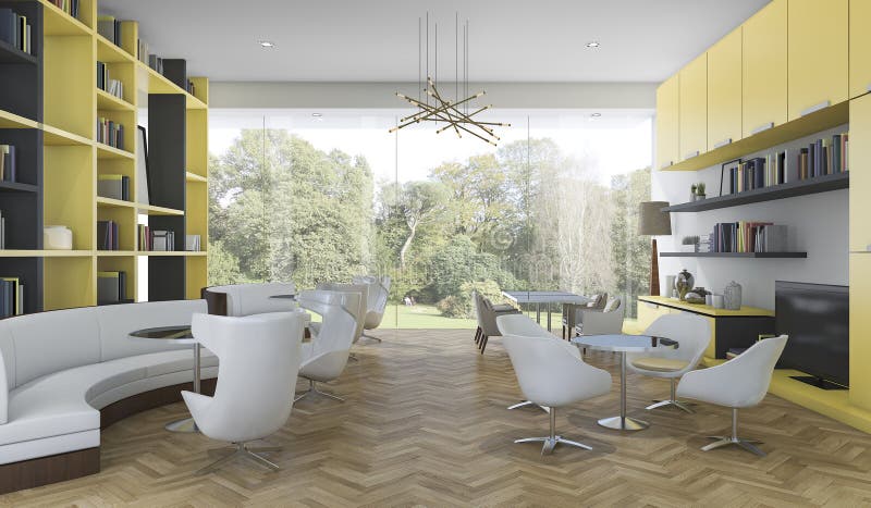 3d Rendering Yellow and Black Modern Library with Garden View Stock ...