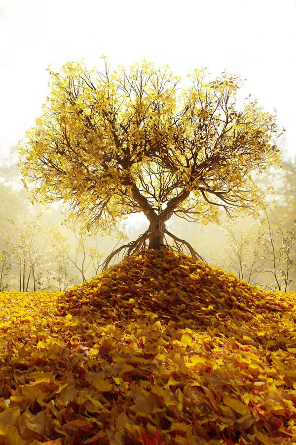 Yellow-colored Tree with Roots Standing on a Pile of Leaves Stock ...