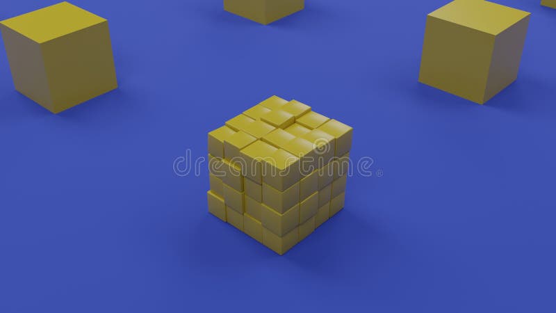 3d Rendering of Yellow Cubes on a Blue Surface. One Cube is Divided ...