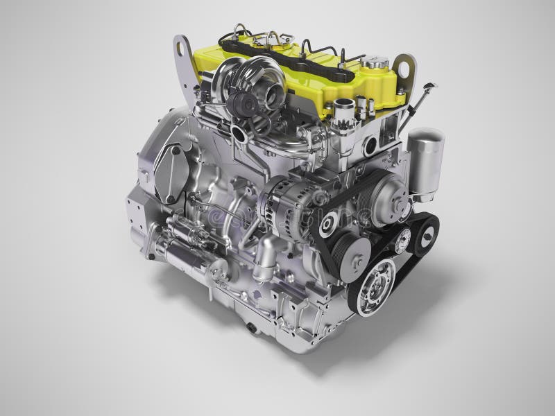 3D Rendering Yellow Diesel Engine for Car Perspective on Gray ...