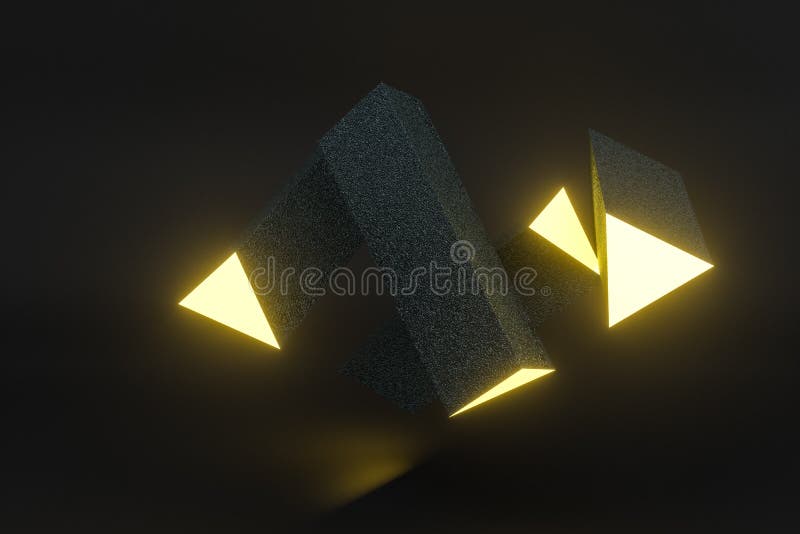 3d Rendering, Yellow Glowing Triangle Pillar with Dark Background Stock ...