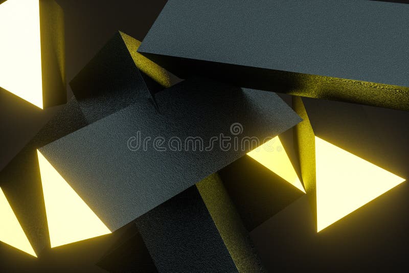3d Rendering, Yellow Glowing Triangle Pillar with Dark Background Stock ...