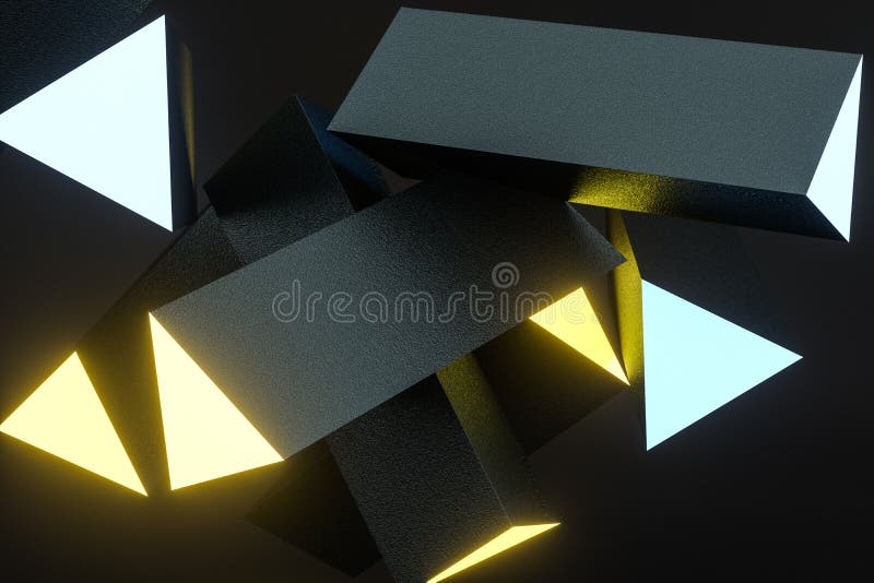 3d Rendering, Yellow Glowing Triangle Pillar with Dark Background Stock ...