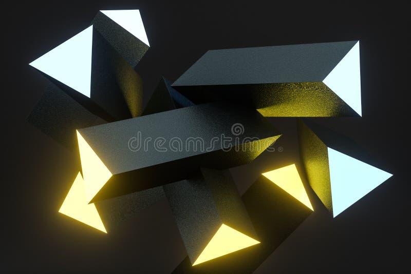 3d Rendering, Yellow Glowing Triangle Pillar with Dark Background Stock ...