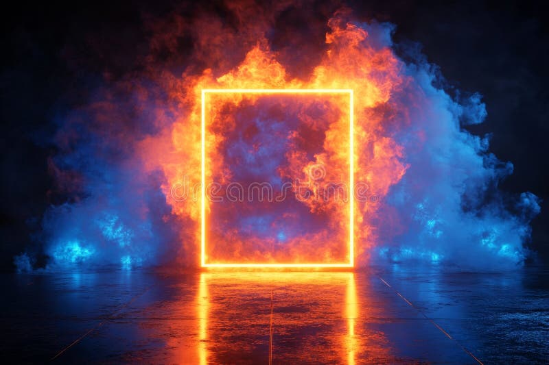 3D Rendering of Yellow Neon Rectangle Frame on Blue Button Floor and ...