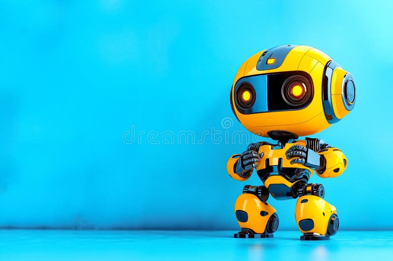 A Yellow and Black Robot Standing in Front of a Blue Background Stock ...