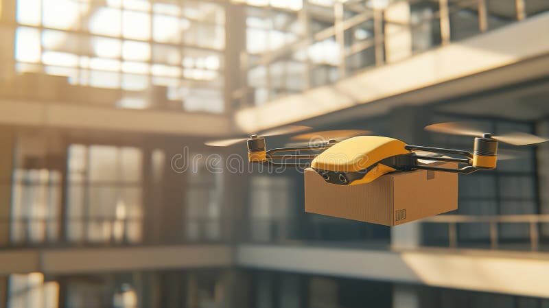 In a 3D Rendering, a Yellow Smart Drone is Shown Delivering Orders with ...