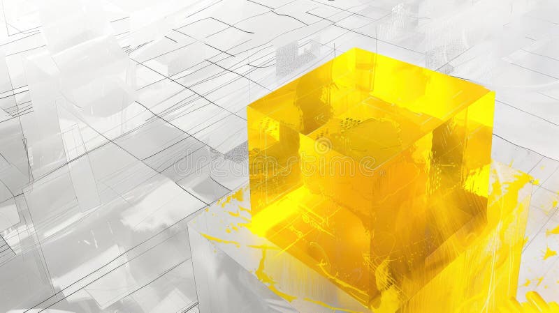 3D Rendering of a Yellow Translucent Cube Sitting on a Reflective ...