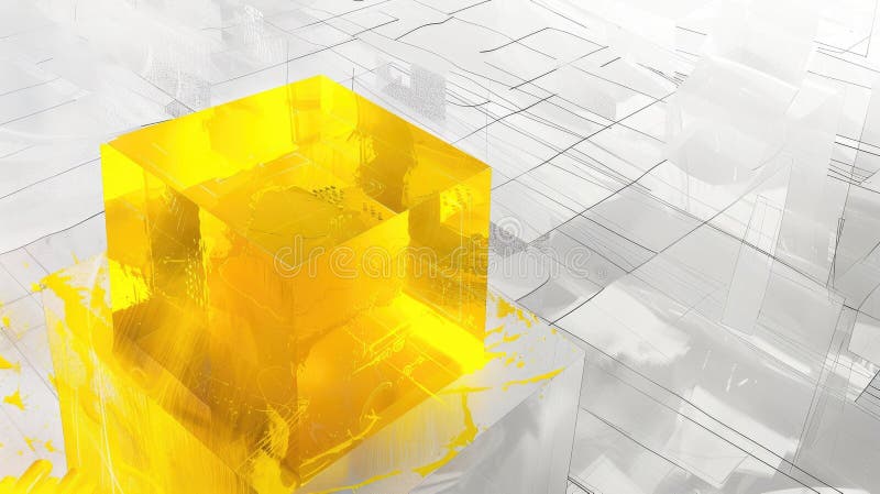 3D Rendering of a Yellow Translucent Cube Sitting on a Reflective ...