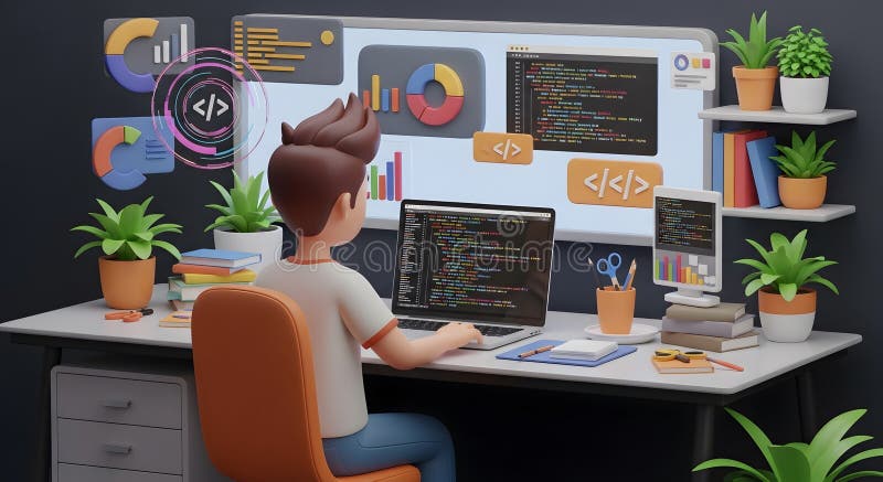 3D Rendering of a Young Developer Coding on a Laptop in a Modern, Organized Tech Workspace Stock ...