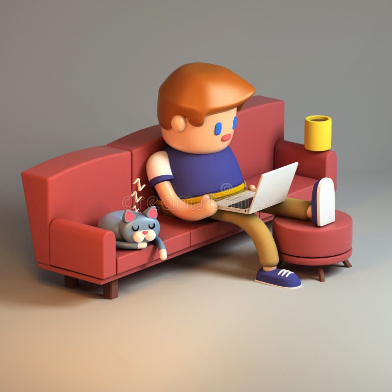 3d Rendering of Young Man Sitting on a Couch and Working on Laptop ...