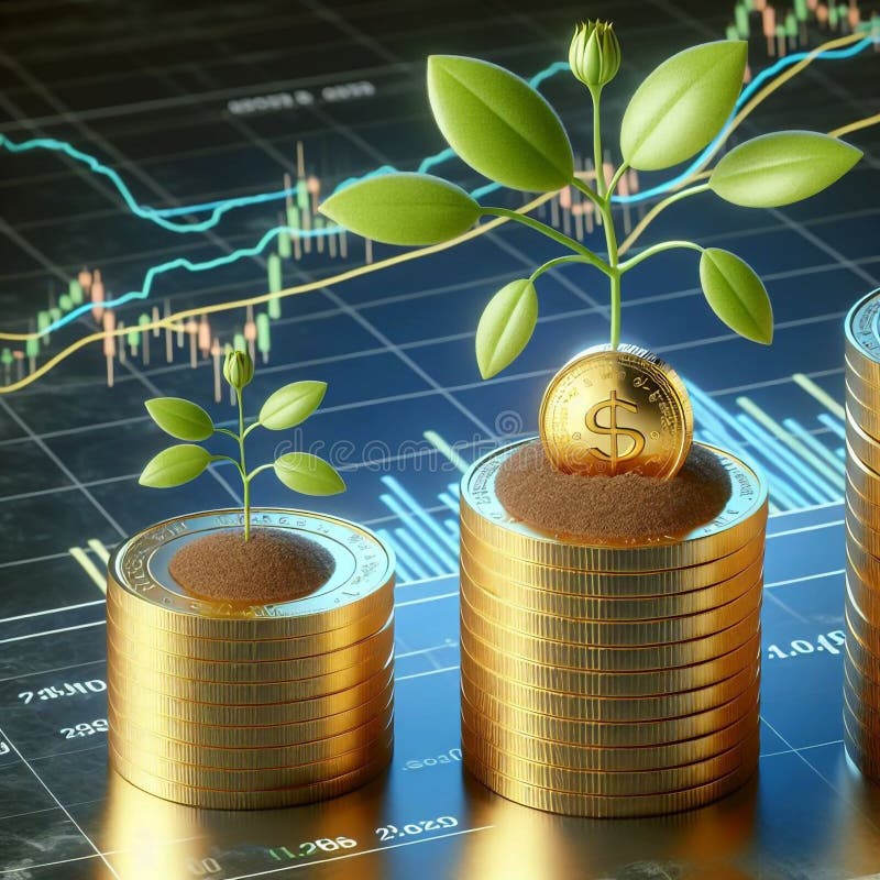 A 3D Rendering of Young Plants Growing from Stacks of Gold Coins, with ...