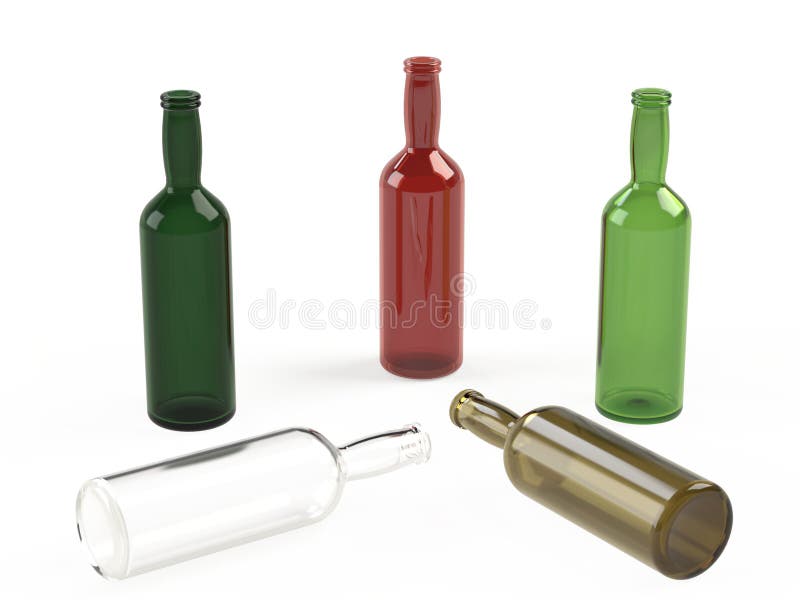 3D Renderings of Various Colored Empty Glass Bottles Stock Photo ...