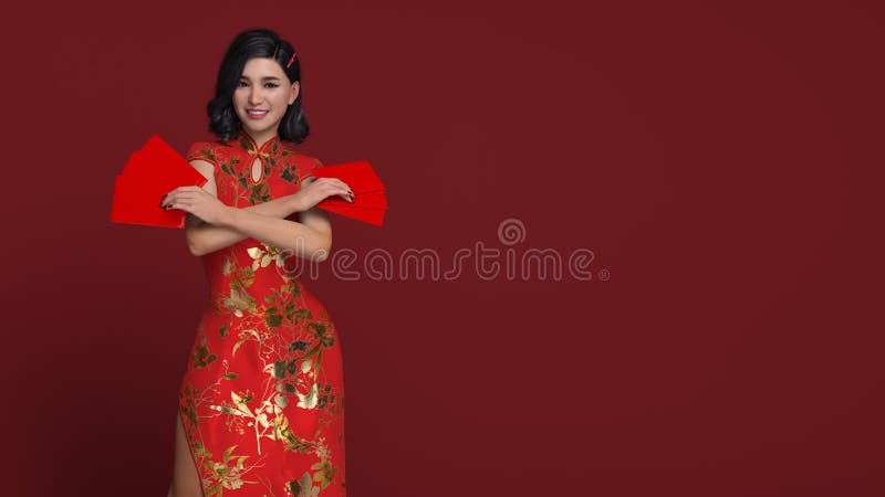 3d Rendre Belle Asiatique Souriante Jeune Femme Avec Robe