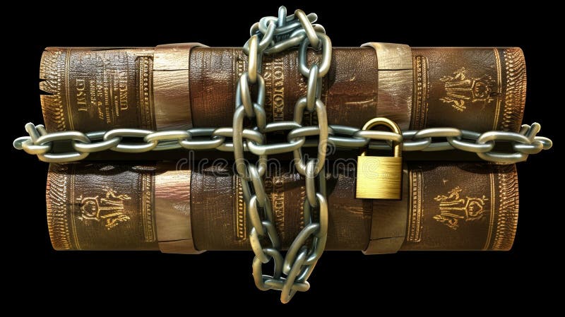 3d Representation of a Book Bound by a Chain and Lock Against a Black ...