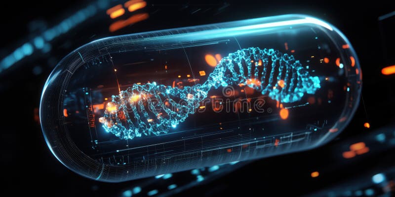 3D Representation of DNA Helix Inside Futuristic Capsule with Glowing ...