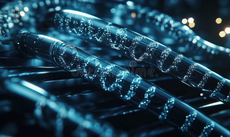 3D Representation of DNA Strands with Glowing Blue Highlights and ...