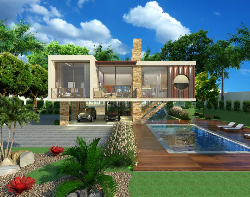 3D Representation of an Elevated House in a Contemporary Style Stock ...