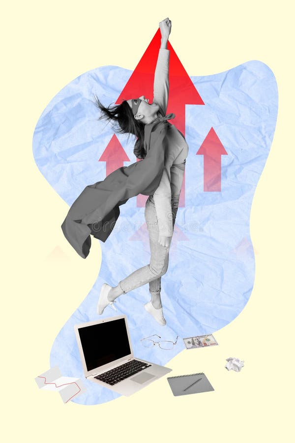 3d Retro Abstract Artwork Template Collage Of Confident Excited Girl
