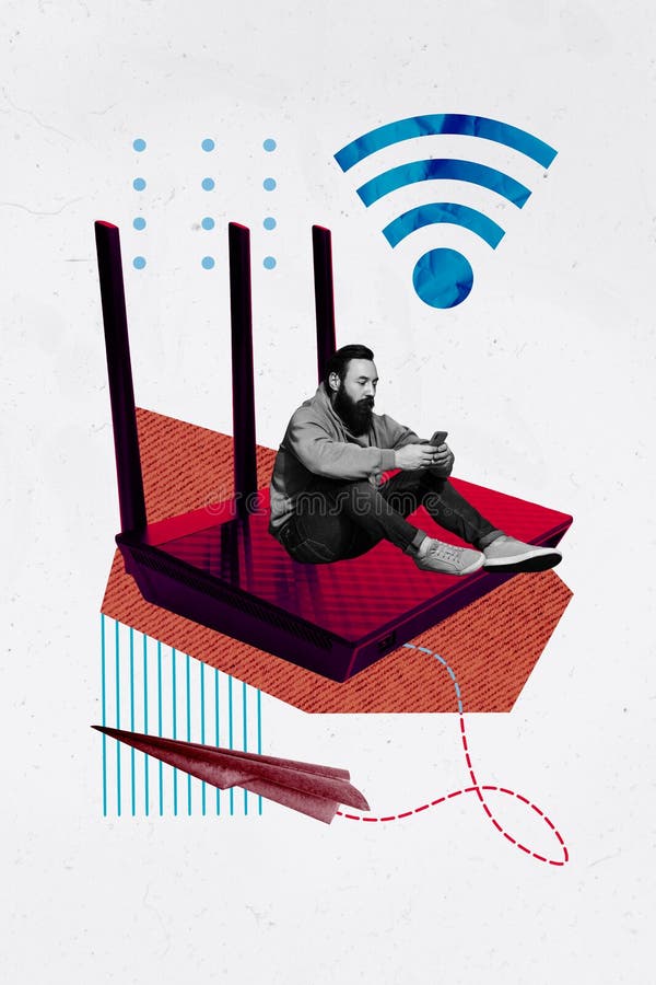 3d Retro Abstract Creative Artwork Template Collage of Wifi Router ...