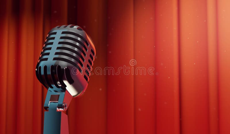 3d Stage With Red Curtain And Vintage Microphone In Spot Light Stock ...
