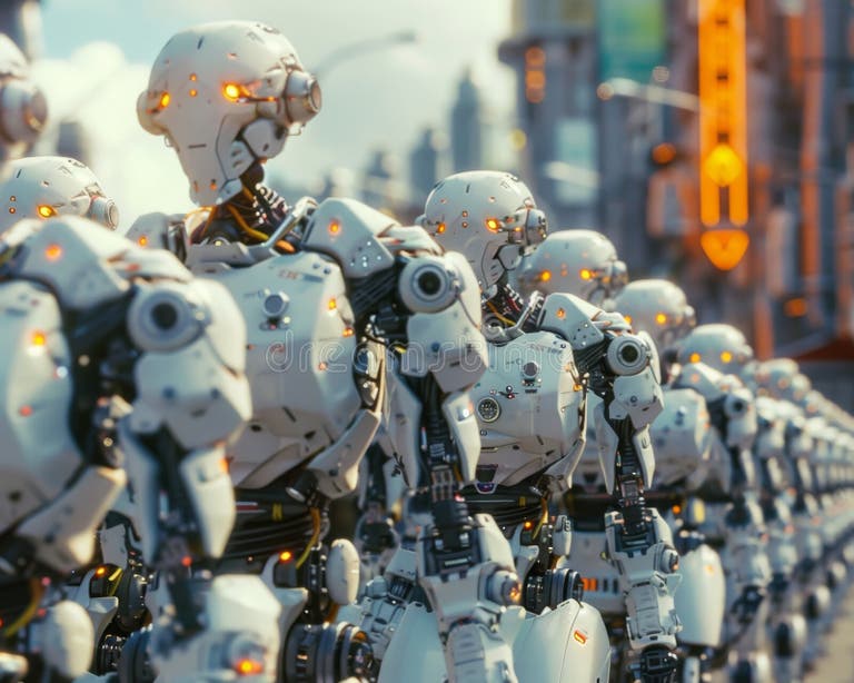 A 3D Robot Army Marching through a City Stock Illustration ...