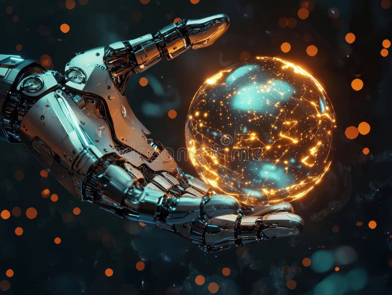 3D Robot Hand Holding Glowing Data Sphere Stock Illustration ...