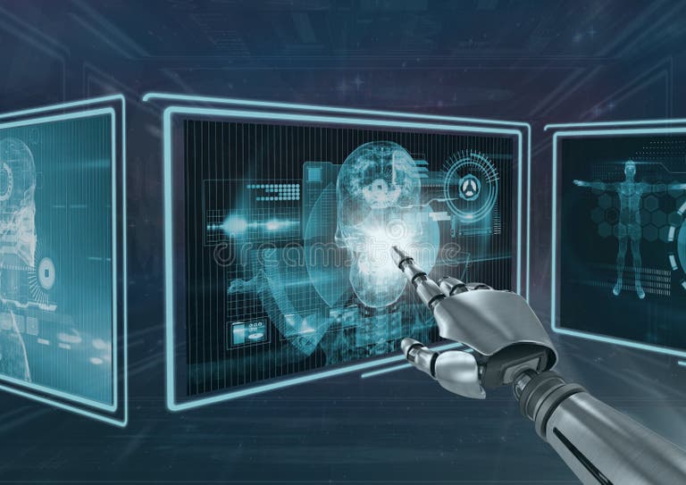 3D Robot Hand Interacting with Medical Interfaces Stock Illustration ...