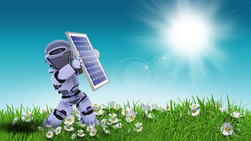 Robot with solar panel stock illustration. Illustration of futuristic ...
