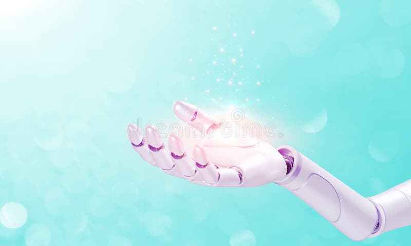 3D Robotic Hand Getting Glowing Beautiful Blue Light on Hand on Defocus ...